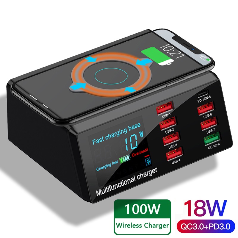 100W 8 Ports USB Charger Quick Charge 3.0 Adapter HUB Wireless Charger ...